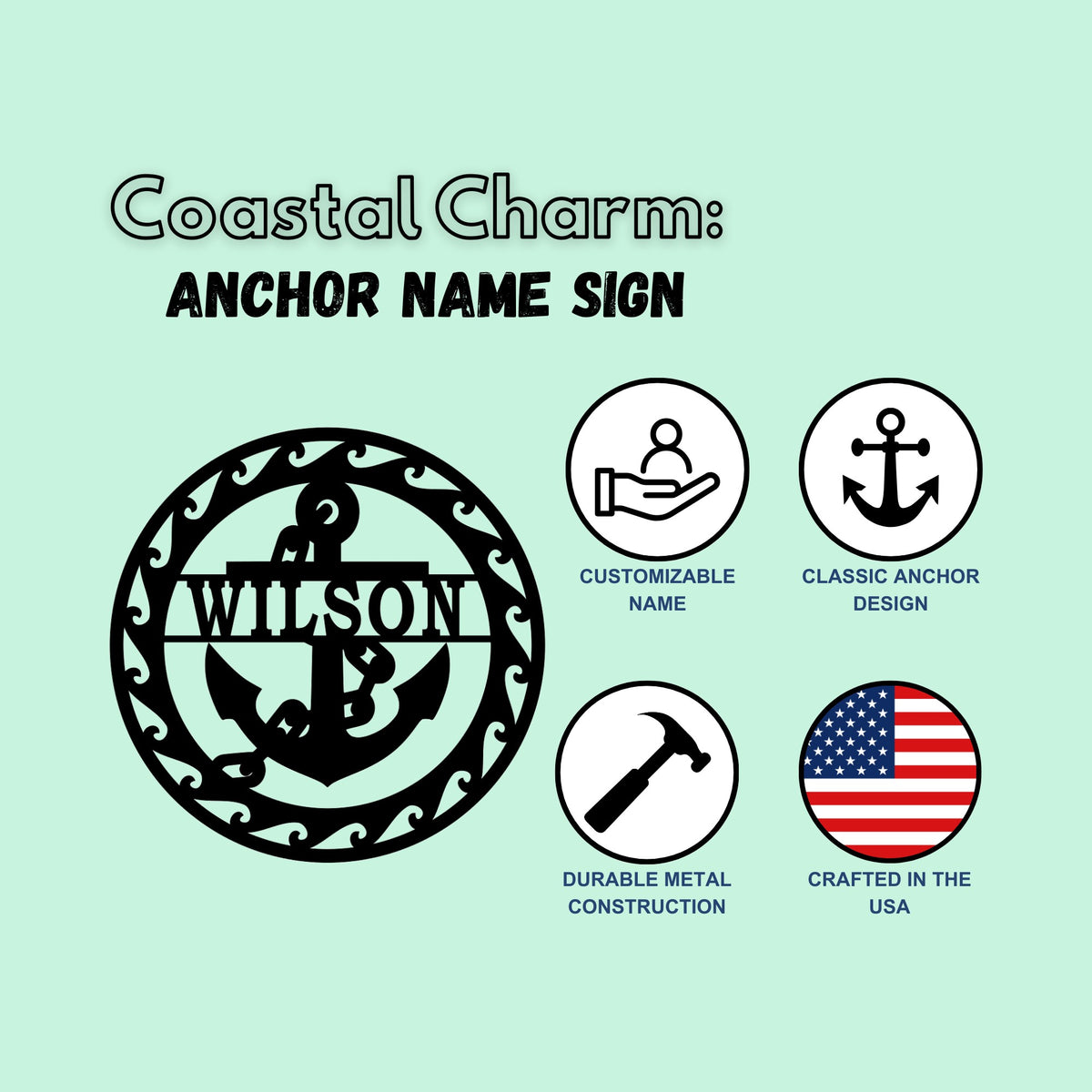 Custom Anchor Name Sign, Personalized Nautical Wall Decor, Wave Design ...