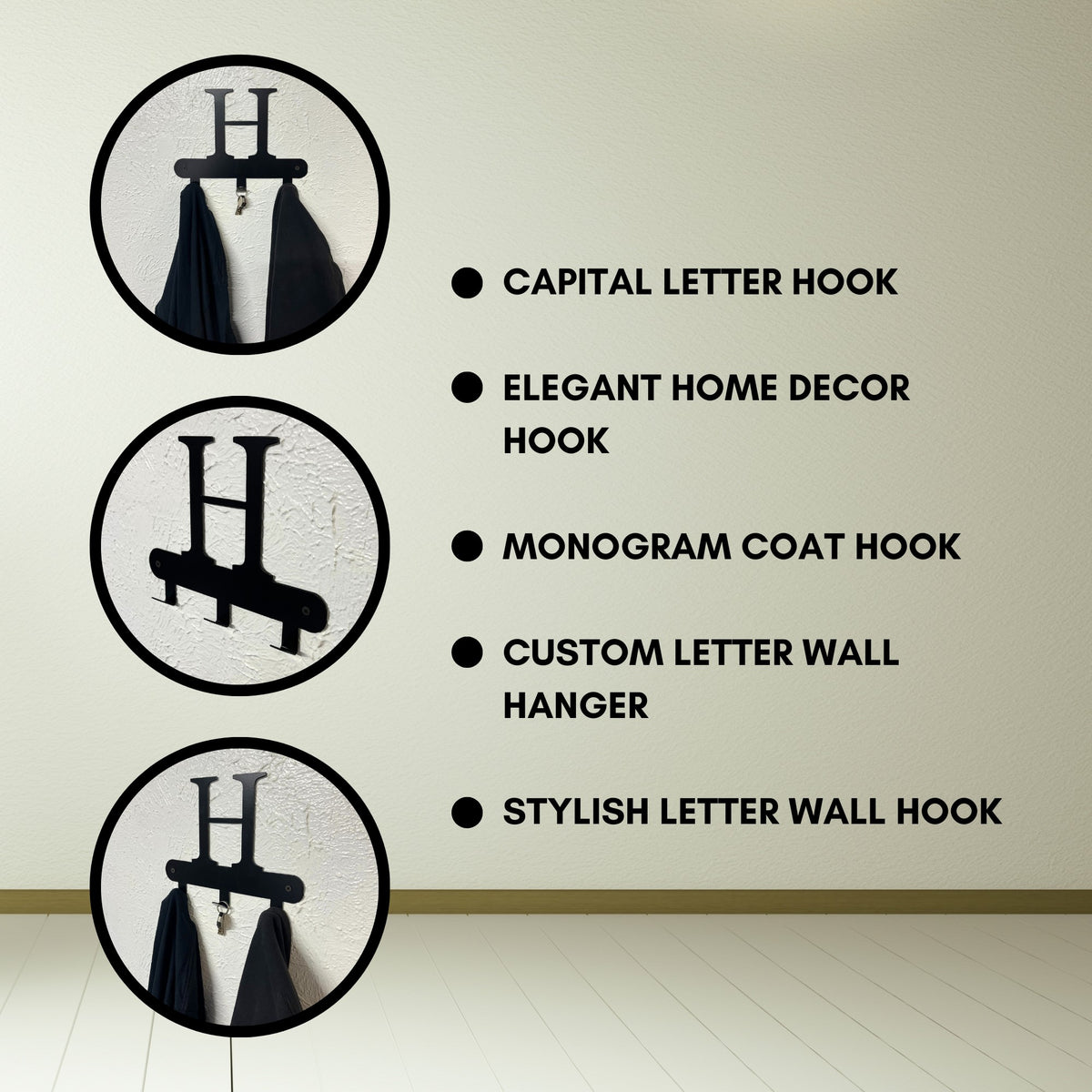 Custom Capital Letter Monogram Wall Hook, Elegant Metal Wall Hooks ...
